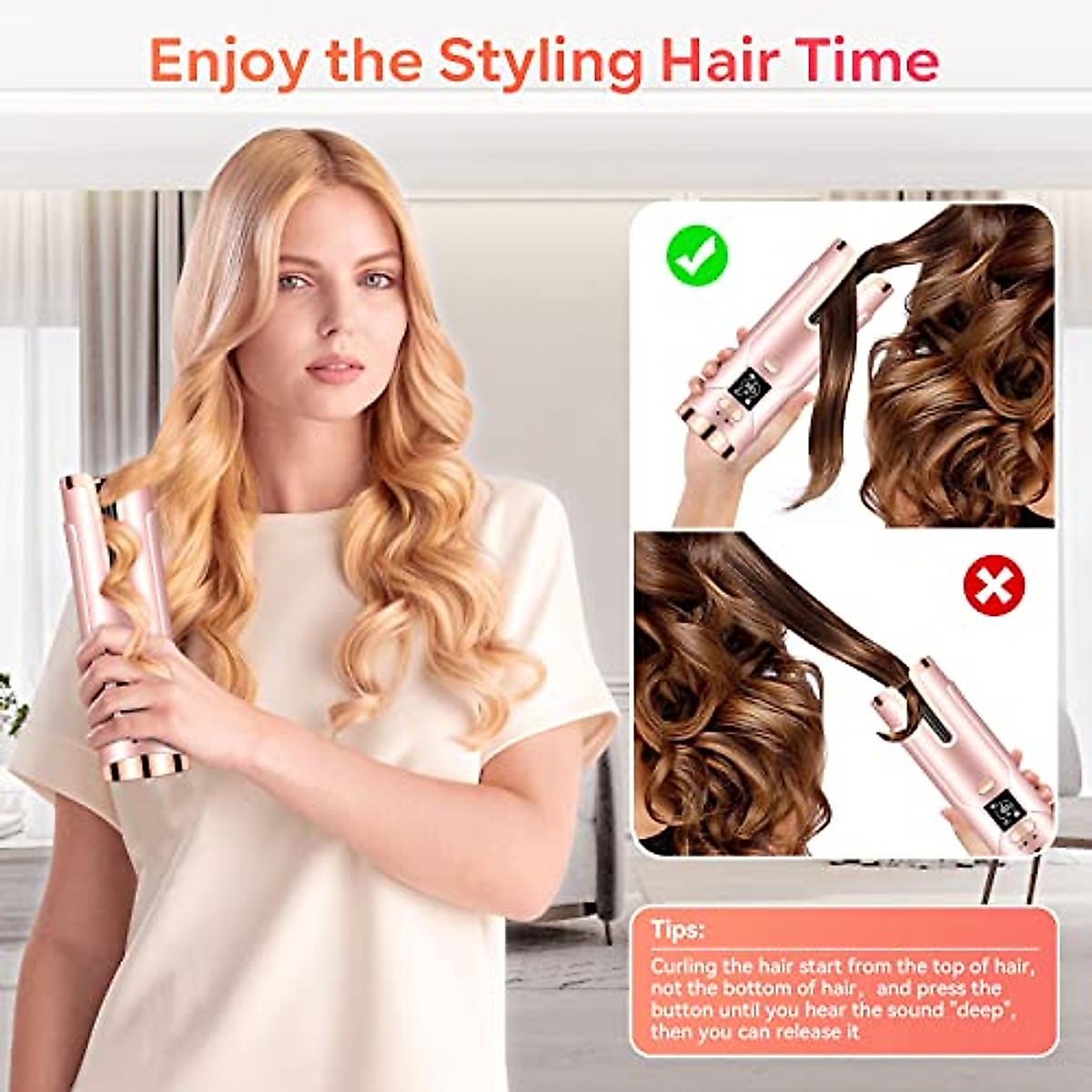 Upgraded Automatic Curling Iron, Cordless Auto Hair Curler with 6 Temps & Timers, Rechargeable & Portable Rotating Curling Wand Styling Tool, Built-in 5000mAh Battery