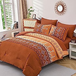 Dobuyly Burnt Orange Comforter Set King, 7 Pieces Bed in a Bag Terracotta Boho Aztec Comforter Soft Microfiber Bedding Set with Comforter, Flat Sheet, Fitted Sheet, 2 Pillow Shams, 2 Pillowcases