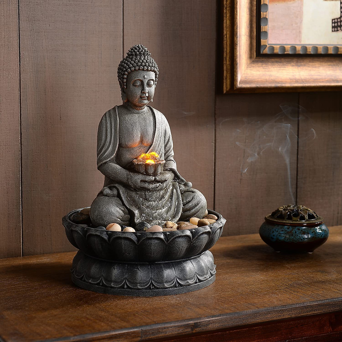 GOSSI 11.2 in Tall Indoor Tabletop Buddha Fountains Desk Water Fountain Sitting Buddha Fountain Zen Fountain w/ Reflective Lighting/Cobblestone Office and Home Decor