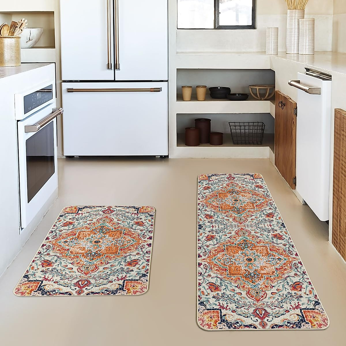 Artoid Mode Orange Flowers Bohemia Kitchen Mats Set of 2, Daily Boho Home Decor Low-Profile Kitchen Rugs for Floor - 17x29 and 17x47 Inch
