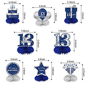 Kauayurk 8Pcs 13th Birthday Decorations Table Centerpiece Party Supplies for Boy, Blue Silver Happy 13 Year Old Birthday Honeycomb Centerpieces Decor, Thirteen Birthday Table Topper