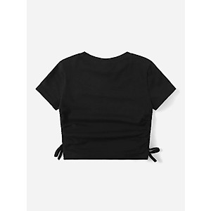 SOLY HUX Girl's Crop Top Graphic Tee Summer Drawstring Side Tie Knot Hem Round Neck Short Sleeve T-Shirts Black 11-12Y