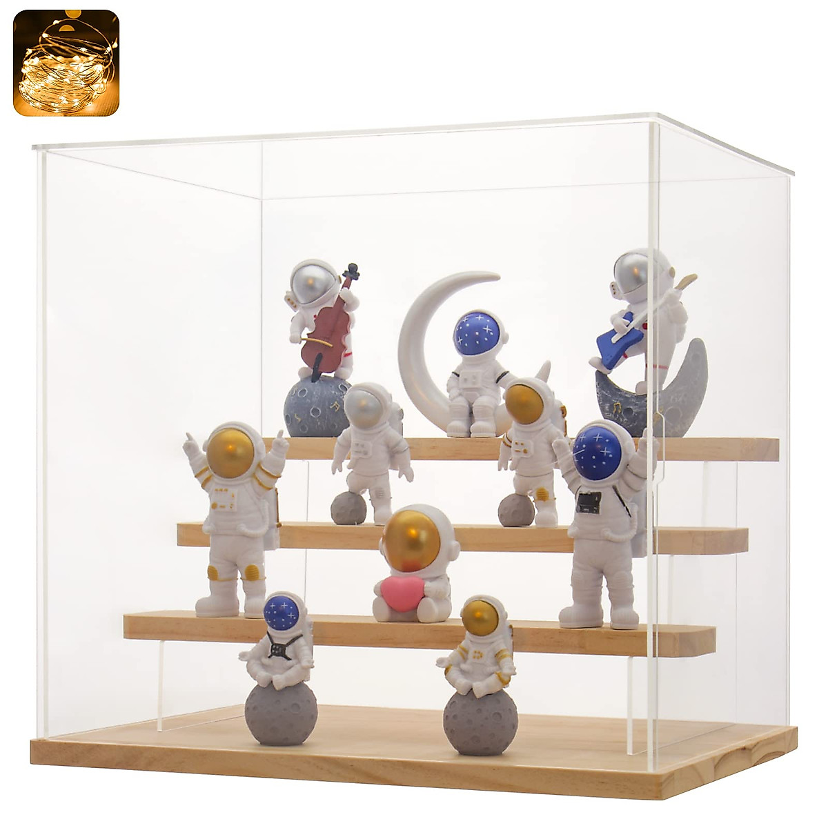 LASOA 4 Tier Acrylic Display Case for Collectibles, Alternative Glass Display Box with Wood Base and Lid, Self-Assembly Clear Shelf Showcase for Figurine Memorabilia (11.8x8.9x11inch; 30x22.5x28cm)