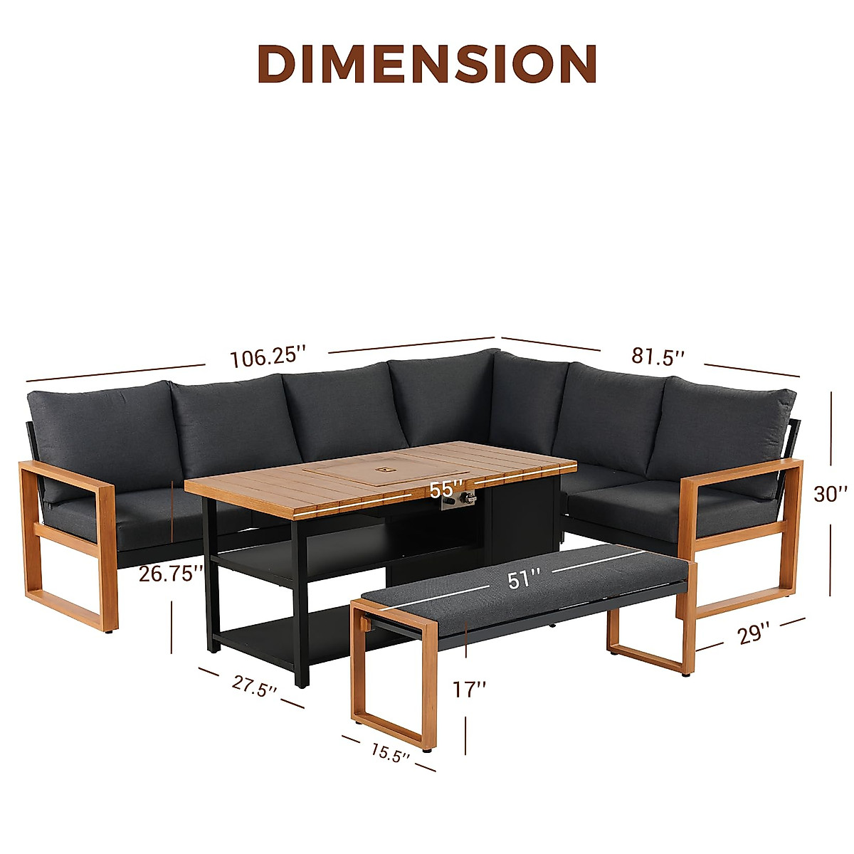 Grand patio 4-Piece Outdoor Furniture Set with Gas Fire Pit Table, Aluminum Patio Sofa Set for 8 with Faux Wood Grain Finish, Modern Patio Couch Sofa with Outdoor Bench and Chaise for Backyard