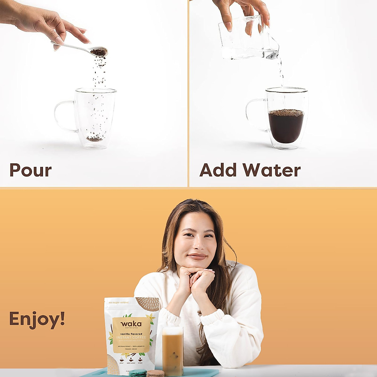 Waka Instant Coffee, Vanilla Flavored - 100% Arabica Beans, Freeze Dried Granules, No Additives - Bulk Bag for Quick Hot and Iced Coffees, Up to 35 Cups (3.5oz)