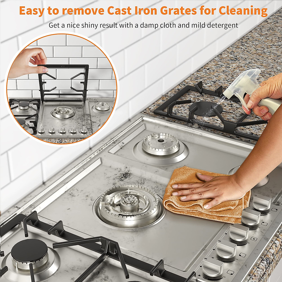 30 Inch Gas Cooktop with 6 Metal Knob, Dalxo 5 Italy Defendi Burner Gas Stovetop, Food-grade Stainless Steel Built-In Gas Hob, NG/LPG Convertible Gas Range Top for Kitchen, Thermocouple Protection