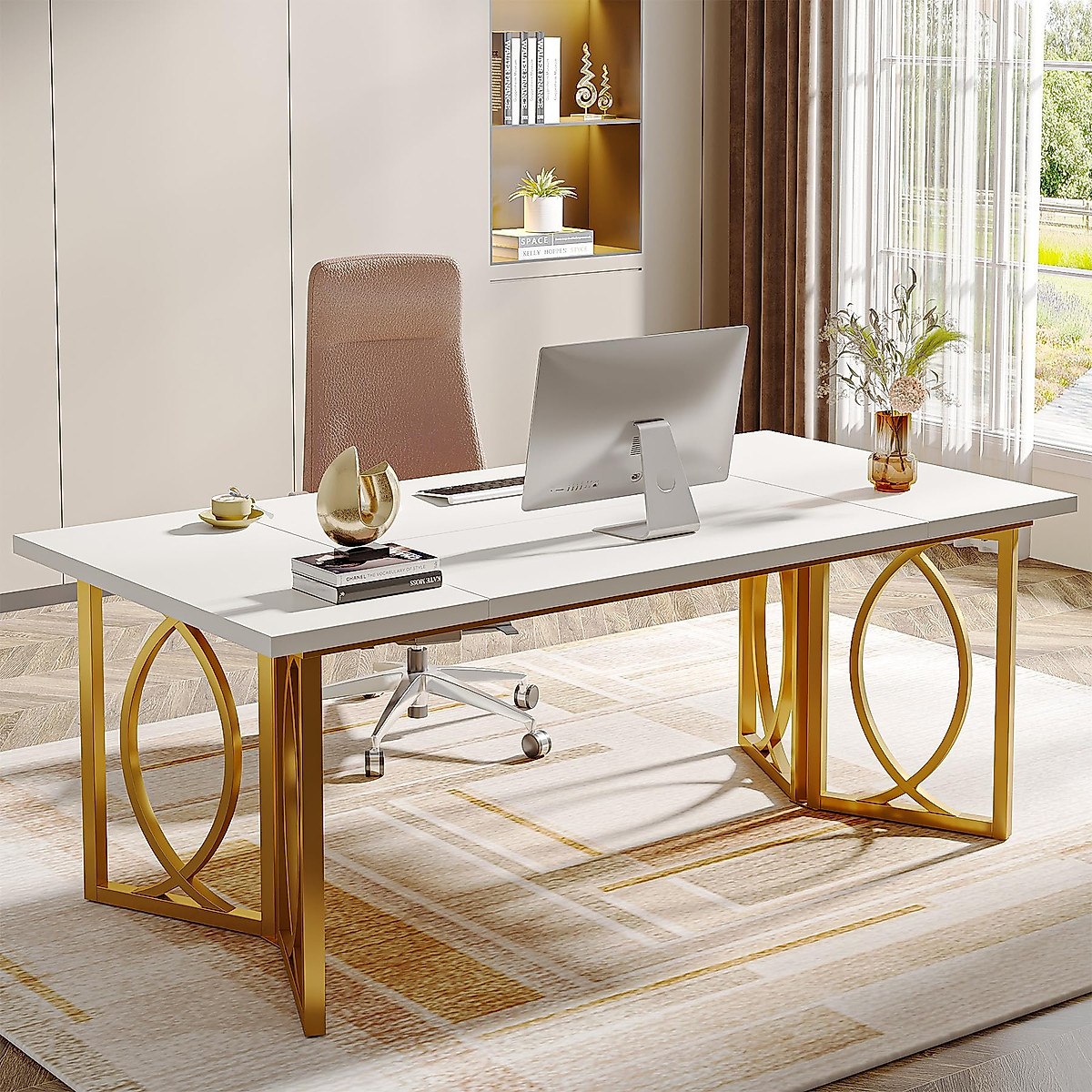 Tribesigns 70.9 inch Modern Simple Home Office Desk for Study, Large Computer Desk Office Desks Wood Study Writing Table Business Workstation with Golden Sturdy Metal Frame for Bedroom, White Gold