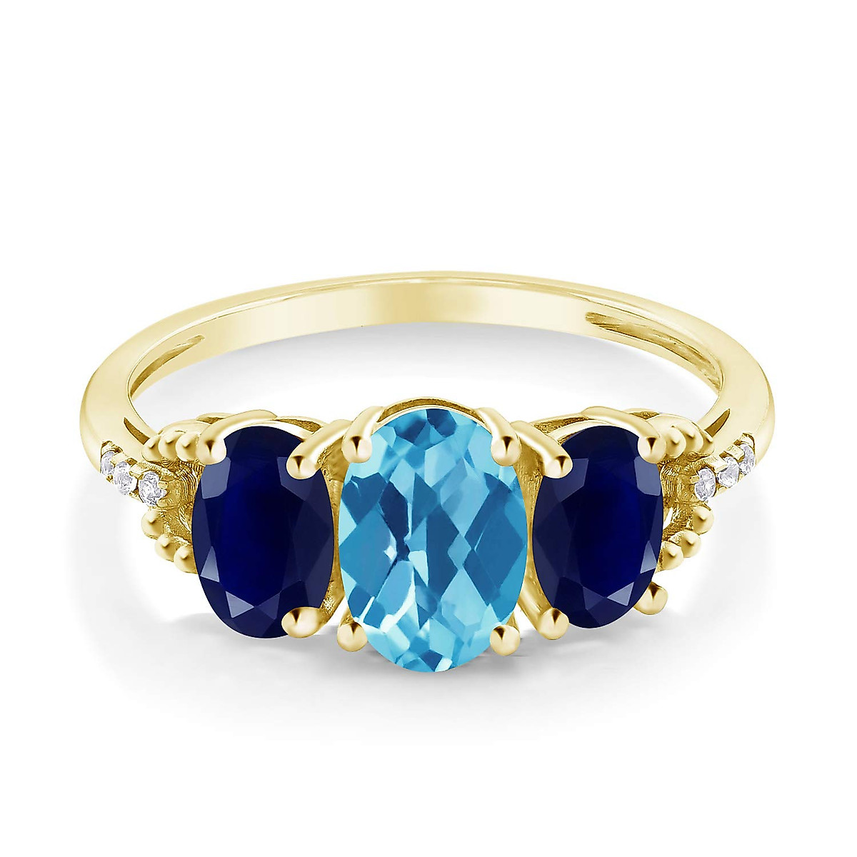 Gem Stone King 10K Yellow Gold 3-Stone Diamond Engagement Ring 2.12 Ct Oval Checkerboard Swiss Blue Topaz Blue Sapphire (Size 7)