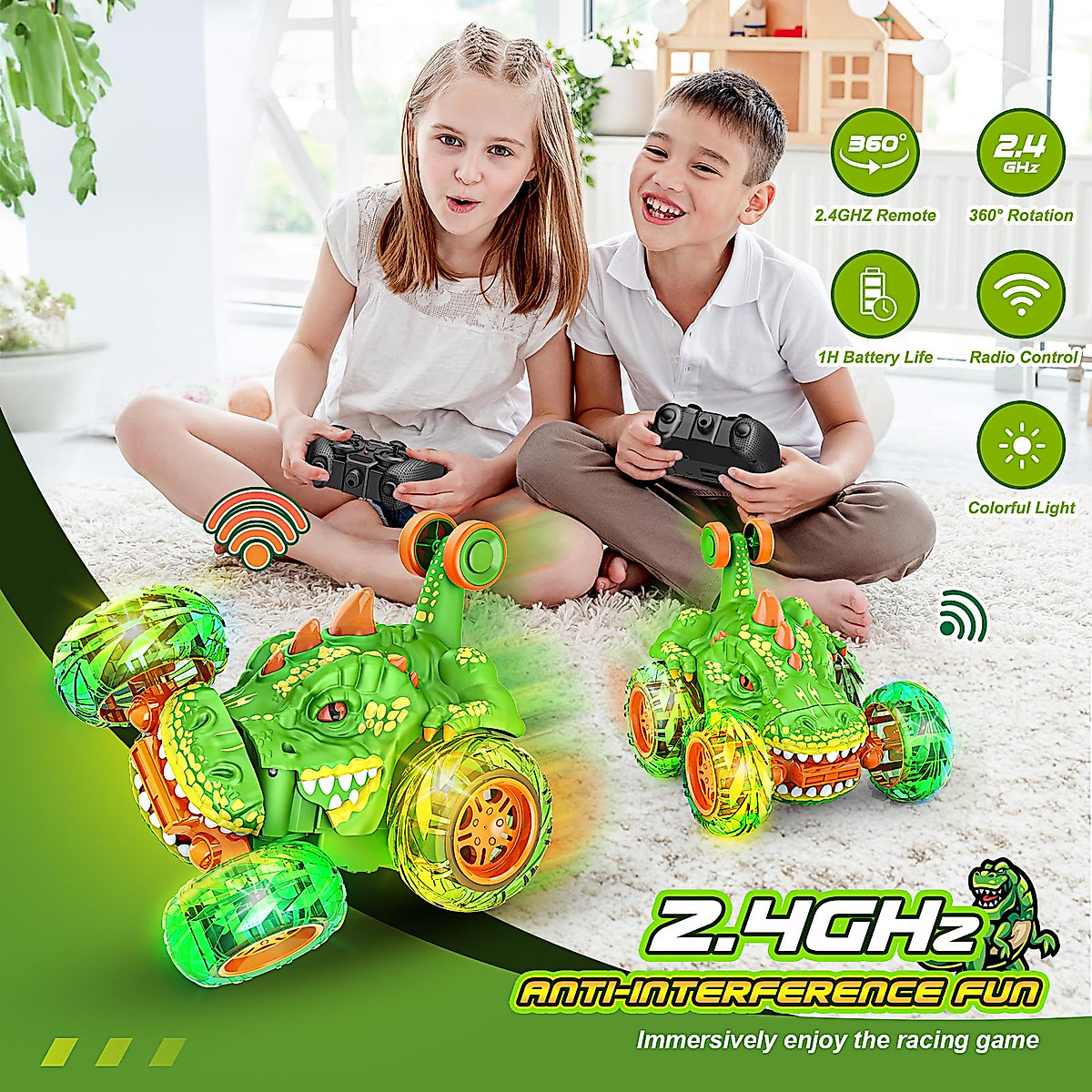 Toys for 3-10 Year Olds Boys,Remote Control Car RC Cars, Dinosaur Car 360° Rotate RC Dino Cars with Wheel Light,2.4Ghz Fast Stunt RC Truck, Toys for Kids Outdoor Toys Birthday
