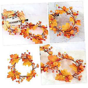VOSAREA Maple Pumpkin Wreath Mini Autumn Wreath Farmhouse Fall Garland Halloween Party Wreath Decorative Hanging Wreath Pumpkin Candle Ring Mini Maple Leaf Front Door Iron Wire Ornaments