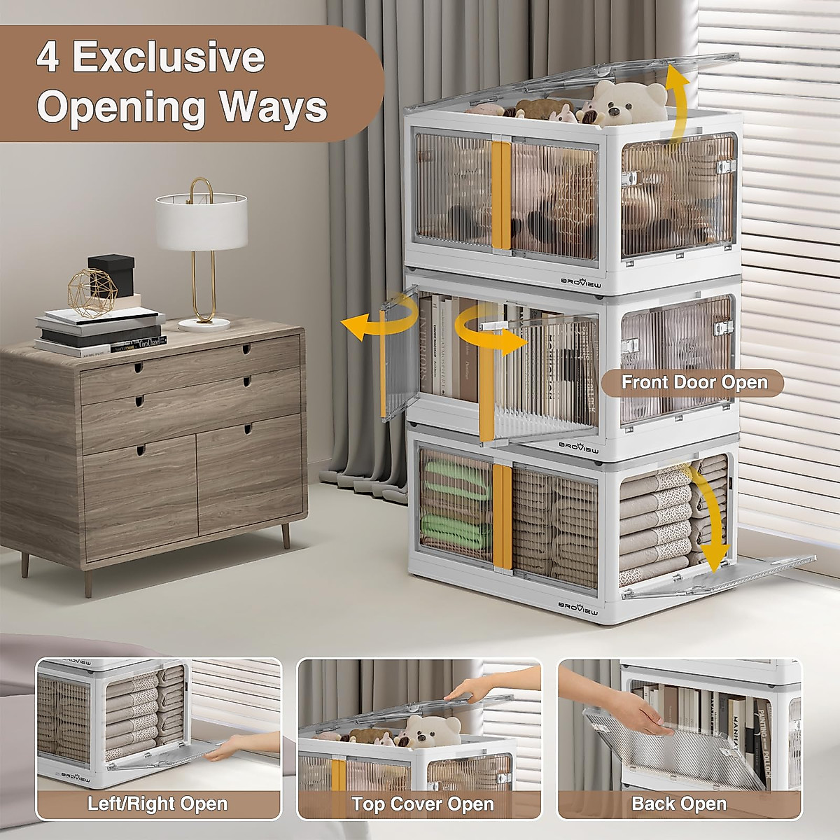 BROVIEW V5 75Gal Plastic Storage Bins with Lids, 3Pack Stackable Collapsible Storage Bins for Closet Organizers and Storage, Folding Storage Container Open Front Cabinets with Doors and Wheels, White