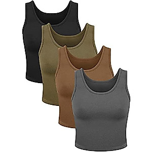 SATINIOR 4 Pieces Women Basic Crop Tank Top Short Sleeveless Sports Crop Top Black, Dark Gray, Olive-Drab, Chocolate, Medium
