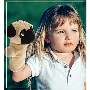 DolliBu Pug Dog Hand Puppet - Super Soft Plush Pug Stuffed Animal Hand Puppets for Kids, Cute Educational Pug Hand Puppets for Adults Teaching and Story Telling Puppet Show Theater Games - 8.5 Inches