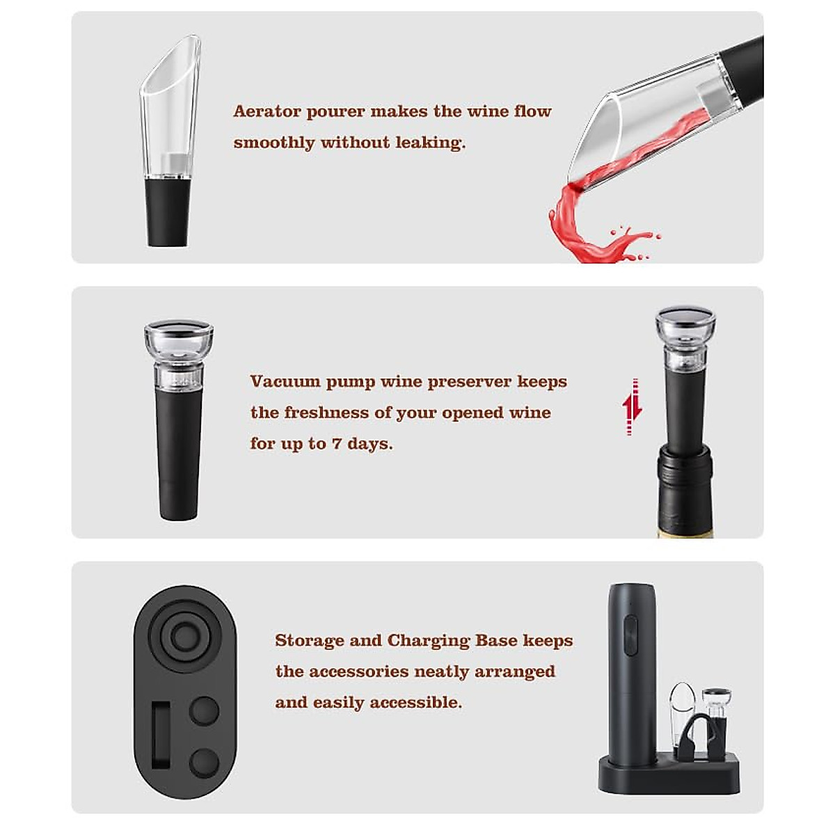VGY Rechargeable Electric Wine Opener, 5 in 1 set with Automatic Electric Wine Bottle Corkscrew Opener, Foil Cutter, Vacuum Stopper, Wine Pourer and Storage Charging Stand