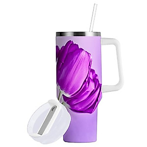 Vacuum Insulated Tumbler 40 Oz with Straw and Handle, Purple Tulips Light Purple Travel Coffee Tumbler