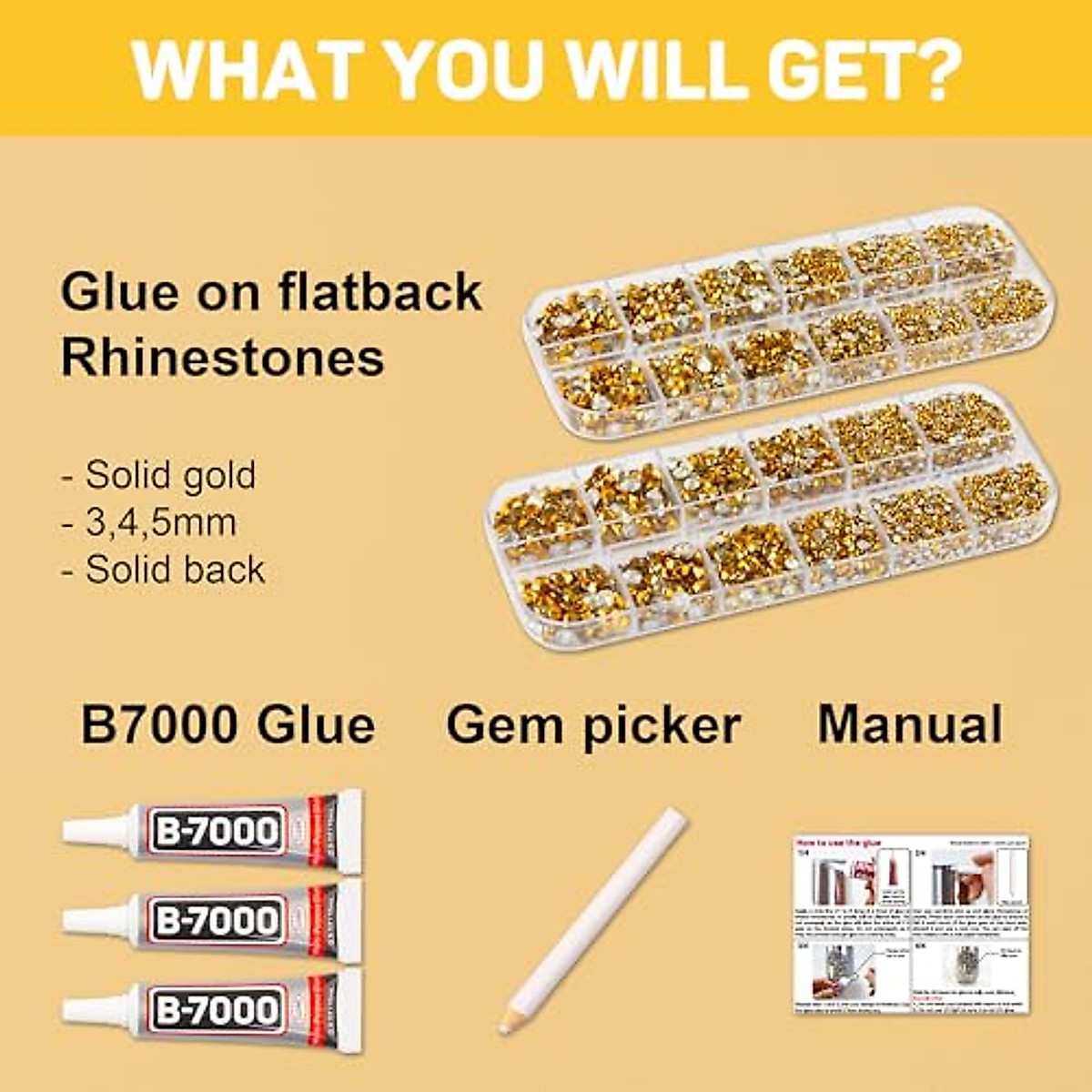 B7000 Gem Glue with 11000Pcs Gold Rhinestones for Crafts Clothes Decoration Clothing Fabric, Bright Gold Flatback Rhinestones for Shoes Tumblers, Flat Back Gluefix Rinestones Bedazzle Kit 2/3/4/5 mm