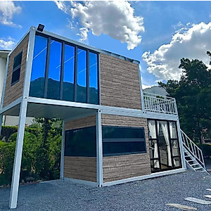 2 Room Container Houses Two-Story Villas Prefab Tiny Homes to Live in for Adults Mini Foldable Mobile Home Modular Guest Homes kit casas prefabricadas para Vivir, with Stair Terrace guardrail
