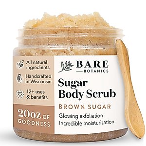 Bare Botanics Brown Sugar Body Scrub 20 oz - Naturally Scented Coconut Vanilla Sugar Scrub Made in Madison, WI - Formulated w/Skin Loving Moisturizers - Vegan, Cruelty Free w/a Cute Wooden Spoon