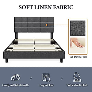 Yaheetech Upholstered Bed Frame, Platform Bed Frame with Adjustable Headboard, Mattress Foundation, Strong Wooden Slats Support, No Box Spring Needed, Dark Grey, Full