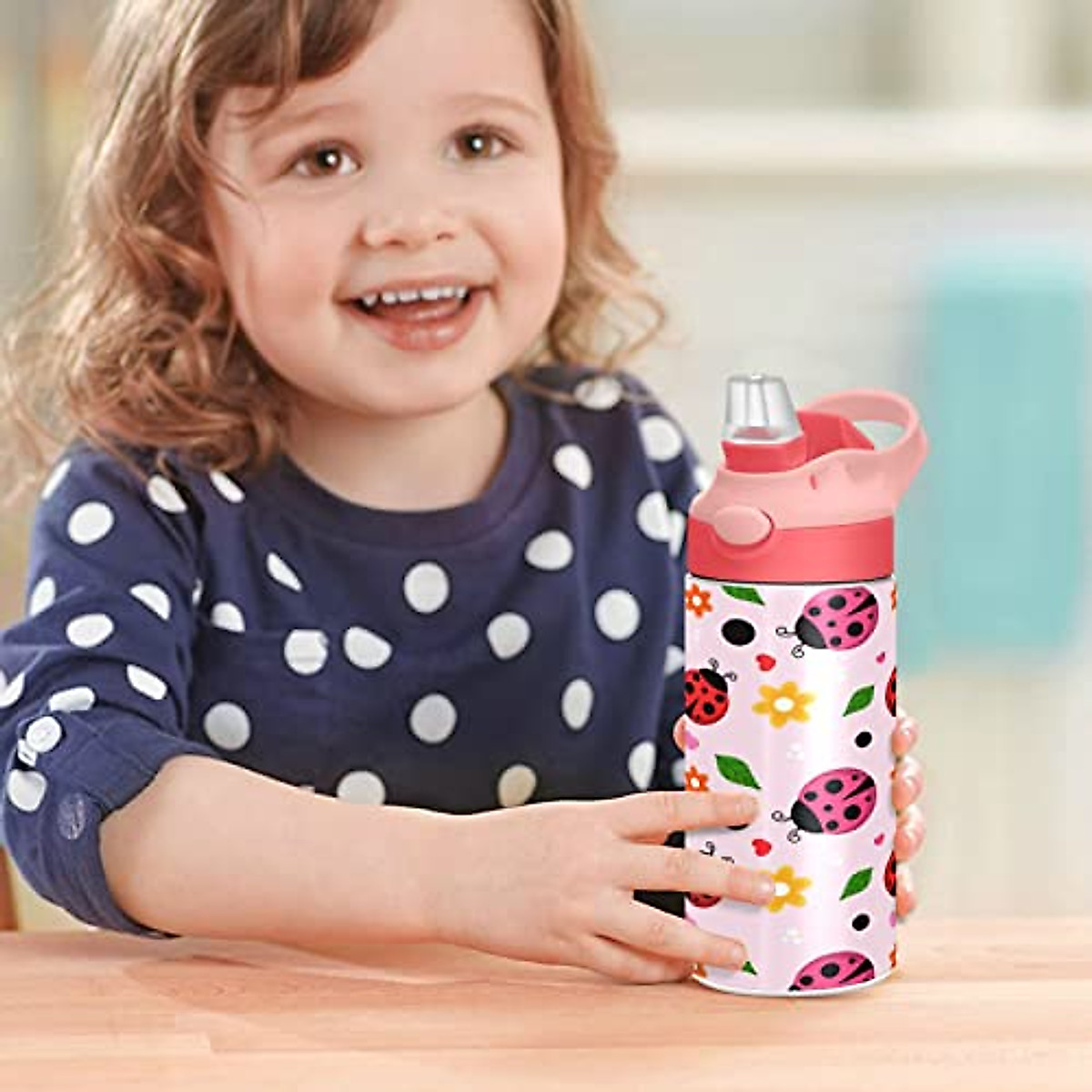 ALAZA Cute Ladybug Flower on Pink Background Kids Water Bottles with Lids Straw Insulated Stainless Steel Water Bottles Double Walled Leakproof Tumbler Travel Cup for Girls Boys Toddlers 12 oz,Pink