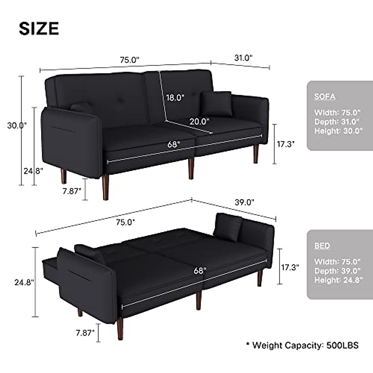 LCH Loveseat Futon, Convertible Sleeper Sofa Couch Bed in Cotton Linen Fabric for Living Room Bedroom Dorm Apartment Studio, Wood Legs, Black