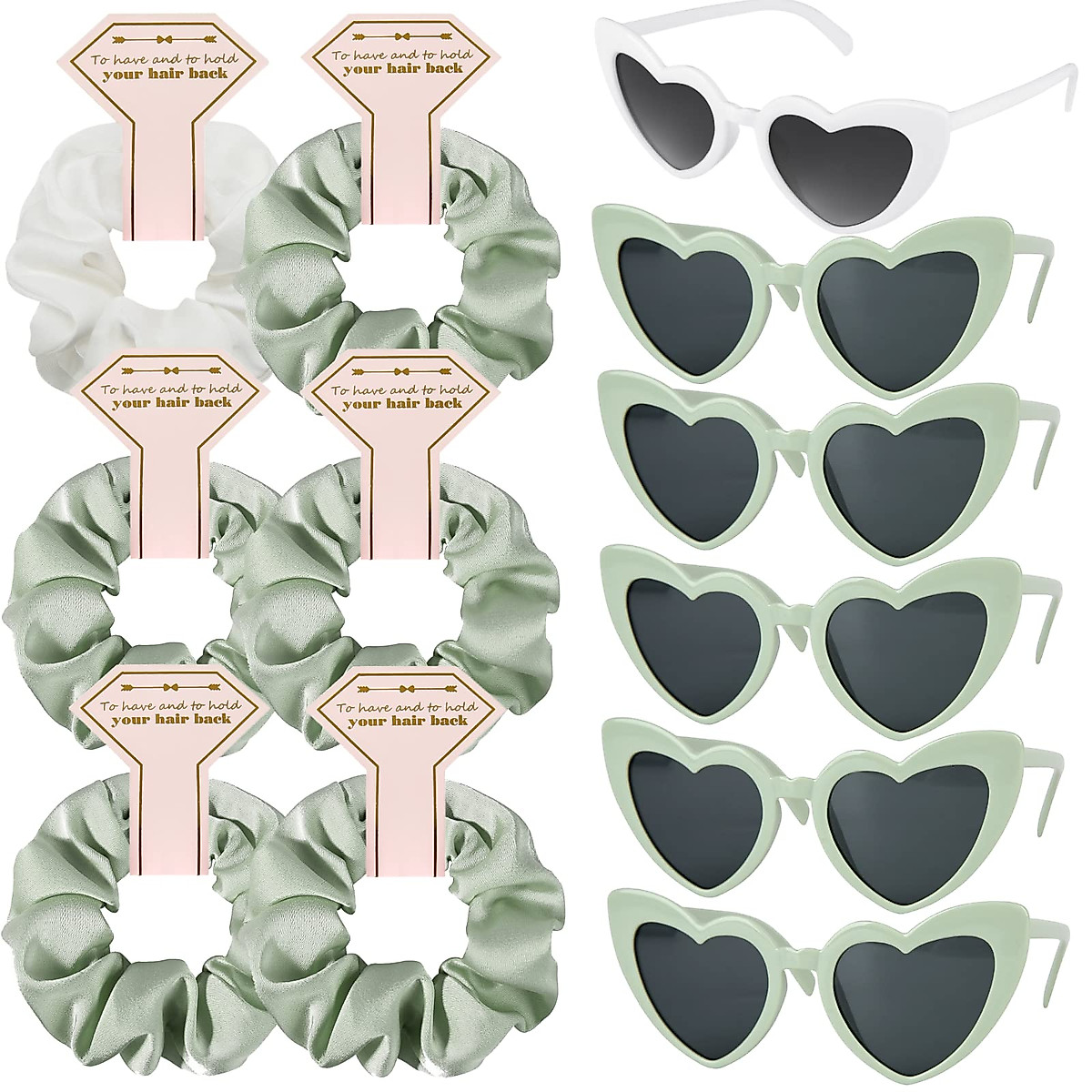 Loanzeg Satin Bridesmaid Scrunchies Bachelorette Hair Ties Set of 6 sunglasses Bridal Shower No Damage Hairties ideas Gift for Wedding Party Favors Bridesmaid Proposal Gifts (White&Sage Green)
