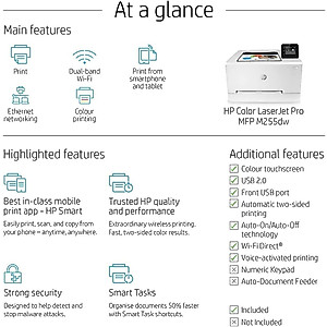 HP Color Laserjet Pro M255dw Single-Function Wireless Laser Printer, White - Print only - 2.7" Color Touchscreen, 22 ppm, 600 x 600 dpi, 8.5 x 14, Auto Duplex Printing, Ethernet