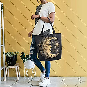 Boho Golden Moon Sun Extra Large Grocery Bag Reusable Canvas Tote Bag Casual Beach Shopping Tote Heavy Duty Washable Shoulder Bags Handbag