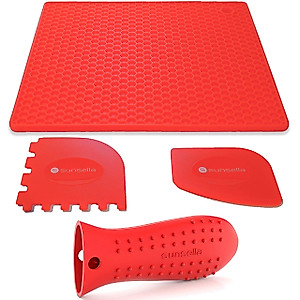 Sunsella Silicone Cast Iron Potholder Set - Hot Handle Holder with 2 x Pan Scrapers & Silicone Hot Pad