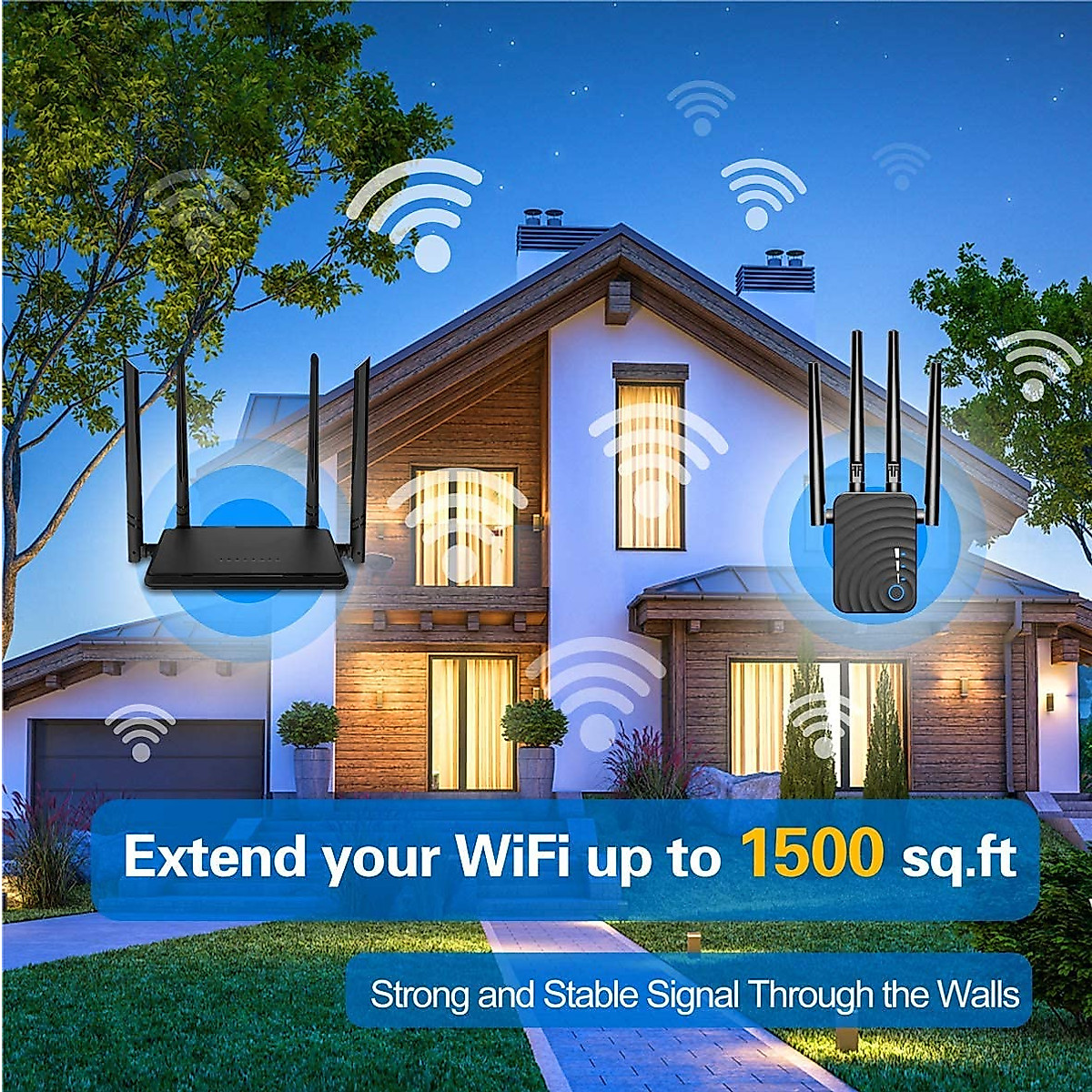 Wireless Signal Booster up to 1500 Sq.ft, 2.4 & 5GHz Dual Band Amplifier with Ethernet Port, 4 Antennas 360° Coverage Extend WiFi Signal to Smart Home