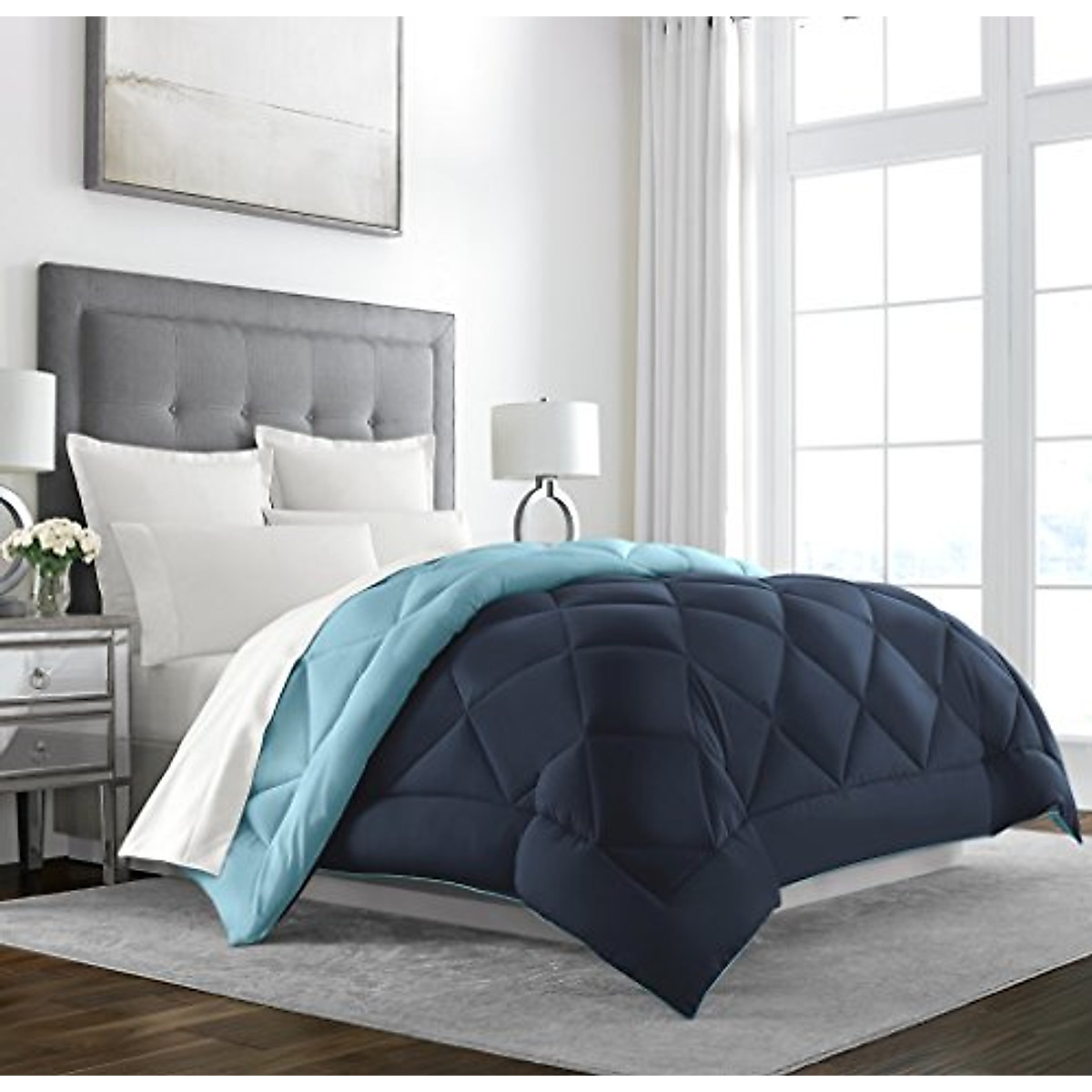 Sleep Restoration Full/Queen Comforter - Reversible Bed Duvet Insert - Thick, Warm, Fluffy Down Comforter Alternative - Hotel Quality Bedding Comforters - Navy/Sky Blue
