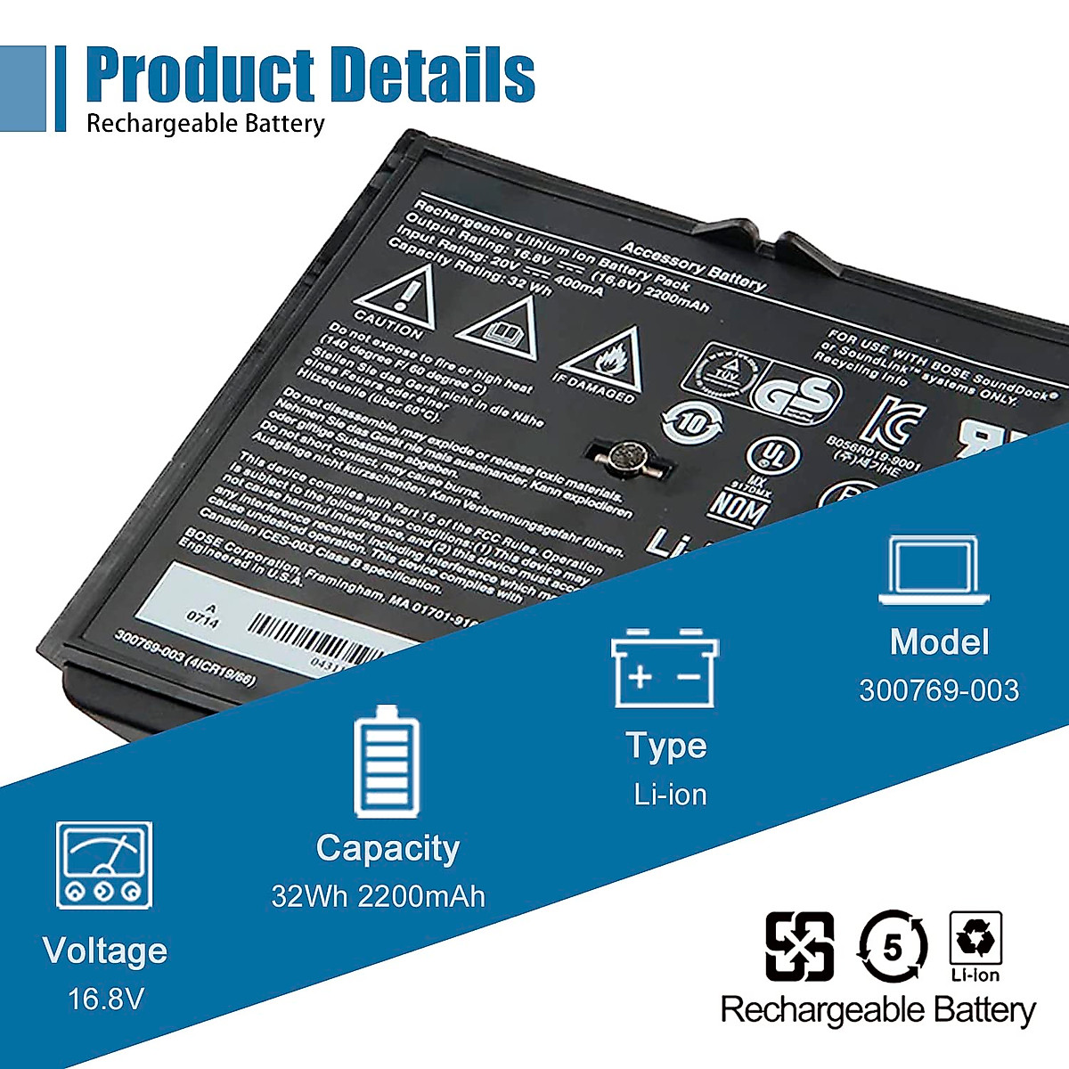 VANPIR 300769-003 32Wh Black Battery Replacement for Bose Sounddock Portable Digital Music System SoundLink Air Series 300769-002 300769-004 300769-001 300770-001 4ICR19/66 16.8V 2200mAh