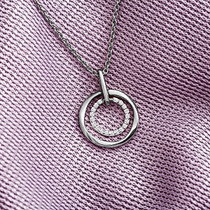 Elmas 1/10ct Round White Diamond 925 Sterling Silver Double Circle in Circle Pendant Necklace for Women