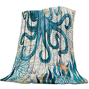 Octopus Plush Throw Bed Blanket for Kids Adults Kraken Mediterranean Style Coastal Theme Super Soft Cozy Luxurious Blanket Lightweight Fleece Blankets for Couch Bed Sofa Warm All Season 40×50inch