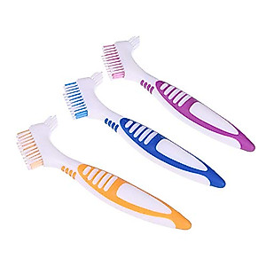 Premium Denture Cleaning Brush Set with Multi-Layered Bristles & Ergonomic Rubber Handle, Portable Denture Double Sided Brush for False Teeth Cleaning, 3 Pieces (Blue, Orange, Purple)