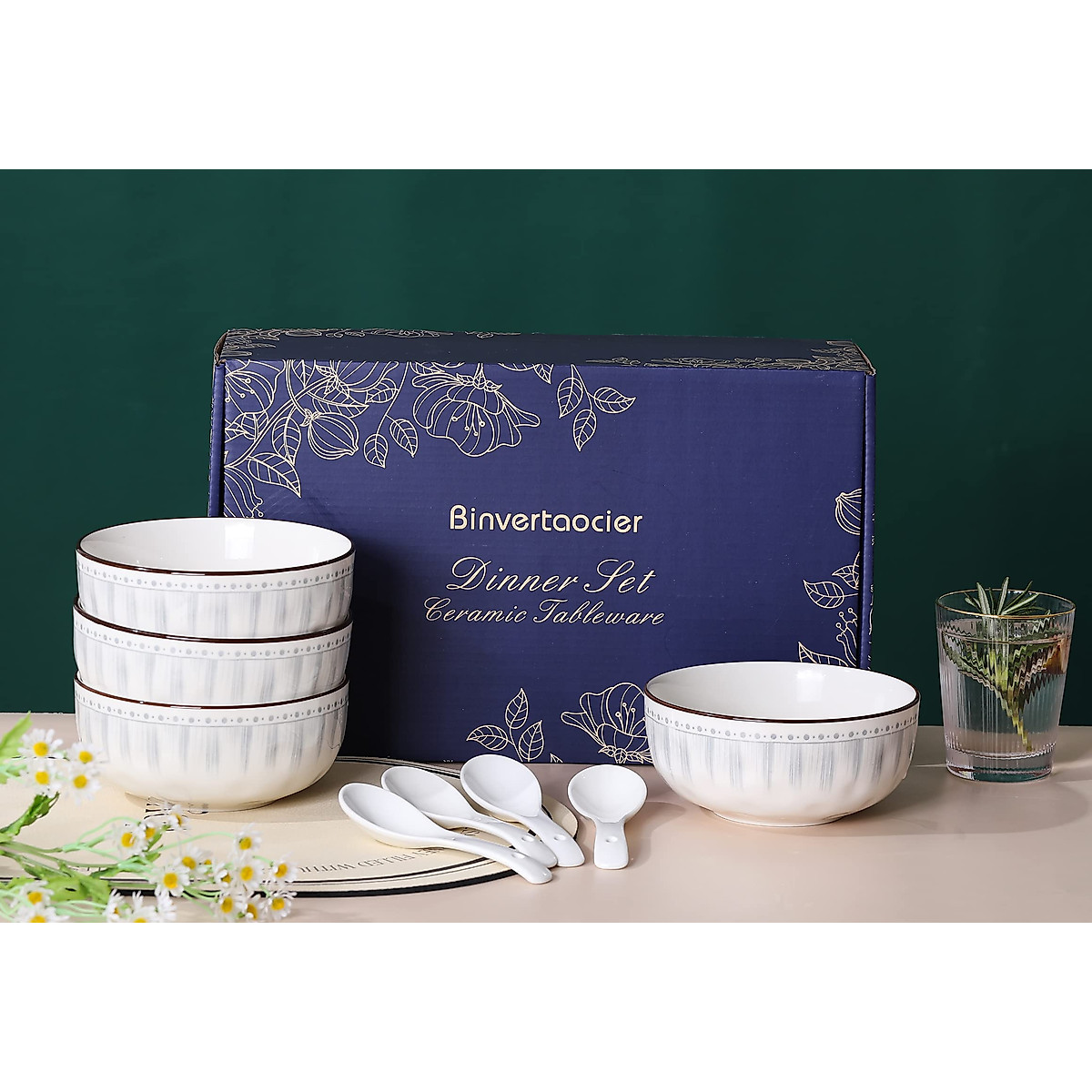 Binvertaocier 6 Inch Ceramic Cereal Bowls Set of 4, 25 Ounce Soup Bowls and Spoons Set for 4,Bowls for Noodle Ramen Dessert Salad Dishwasher & Microwave Safe Gifts for Housewarming