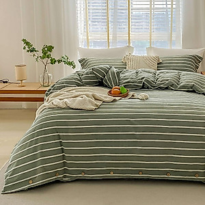 JELLYMONI Bedding Duvet Cover Twin Size - 100% Washed Cotton Linen Like Textured Striped Comforter Cover, 3 Pieces Breathable Soft Bedding Set with Button Closure (Green&White Stripe, Twin 68"x90")