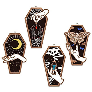 CHDITB Gothic Home Decor Coffin Hanging Sign(Set of 4, 6.3"x 10.43"), Spooky Coffin Shaped Door Hanger with Witch Hands Spider Butterfly, Retro Goth Horror Wood Sign for Home Party Haunted House