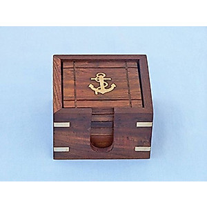 Hampton Nautical Wooden Anchor Coasters with Rosewood Holder (Set of 6), Brown, 3"