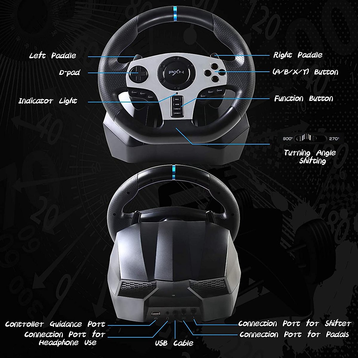 PXN V9 Game Racing Wheels,270°/900°PC Steering Whee With Pedals and Shifter,Support Vibration and Headset Function,for PC Xbox One, Xbox Series S/X,PS4, PS3,Switch