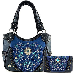 Zelris Spring Bloom Western Concho Women Conceal Carry Tote Handbag Purse Set (Blue)