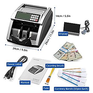 Money Counter Machine PONNOR with Value Count, Dollar, Euro with UV/MG/IR/DD/DBL/HLF/CHN Counterfeit Detection, Bill Cash Counting, Large LCD Display