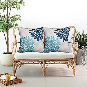 Outdoor Waterproof Throw Pillow Covers 18x18 Inch Teal and Turquoise Dahlia Flower Outdoor Decor Accent Pillows for Patio Furniture Set of 2