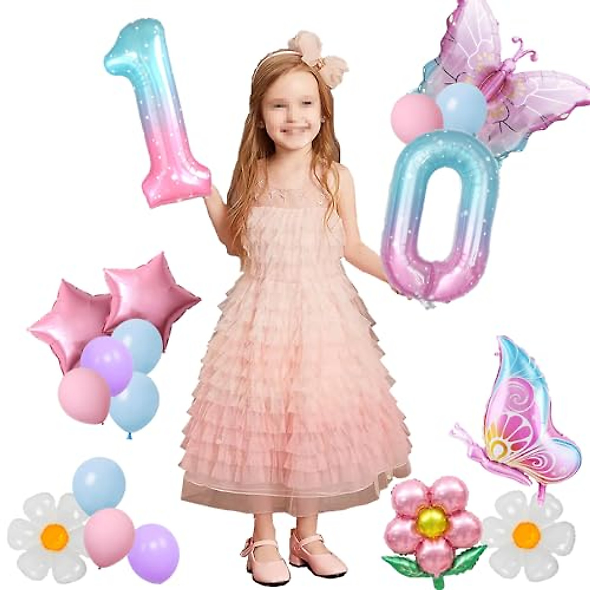 17pcs Girl's Ten Birthday Digital Butterfly Balloon Set Colorful Gradient Pink Butterfly Foil Balloon Giant Number 10 Balloon Flower Party Decorations