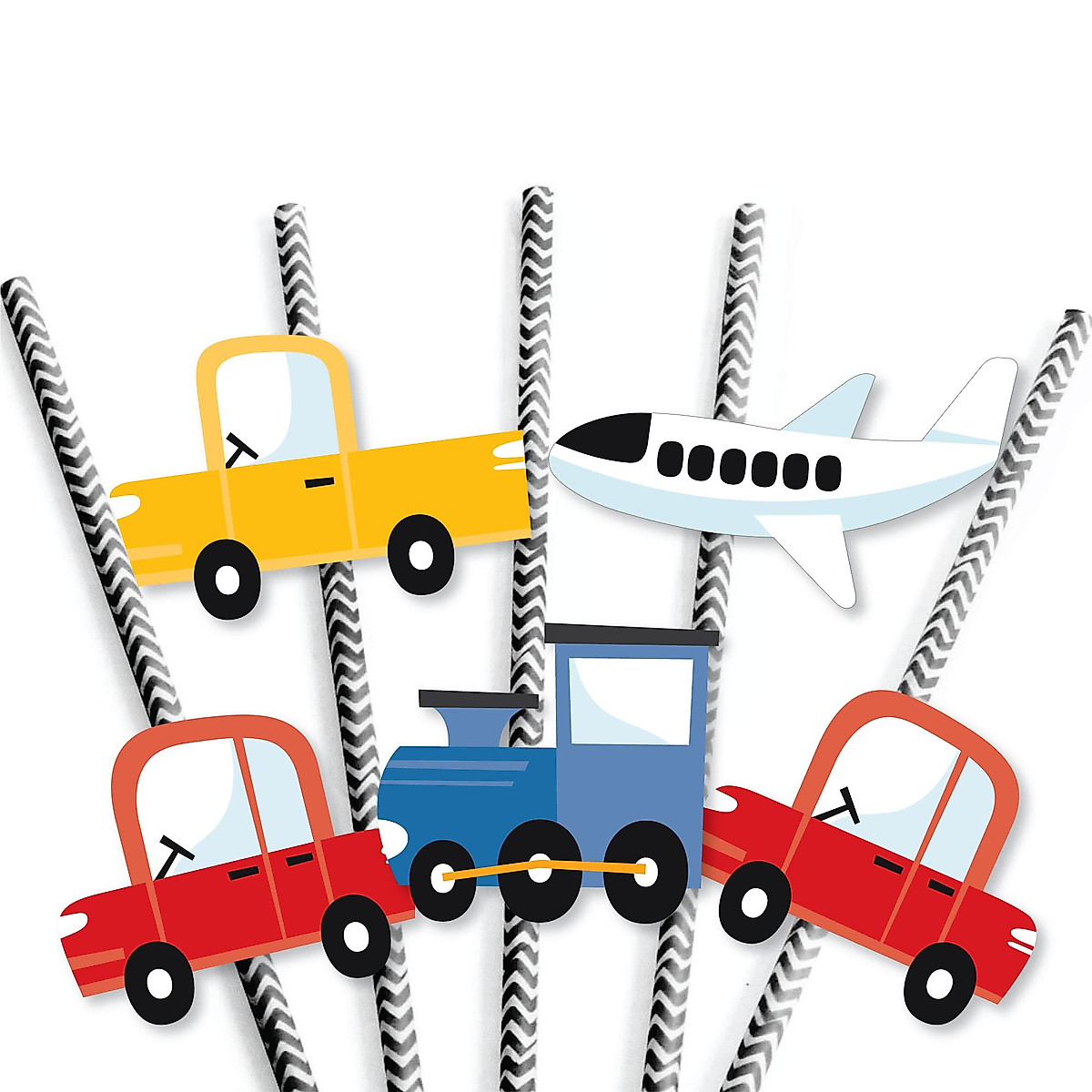 Big Dot of Happiness Cars, Trains, and Airplanes - Paper Straw Decor - Transportation Birthday Party Striped Decorative Straws - Set of 24