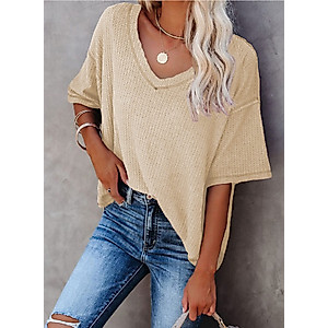 Dokotoo Womens Summer Casual Ladies V Neck Short Sleeve Shirts Waffle Knit Henley Tunic Tops Loose Fit Flowy Blouses Office Fashion 2025 Summer Apricot L