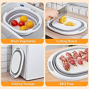 Collapsible Multi-Purpose Plastic Dish Basin 8L(2 Gallon), Space Saving Dish Tub, Folding Chopping Board, 3 in 1 Multifunction Camping Sink for Dish Washing, BBQ Prep, Camping (Gray-1)