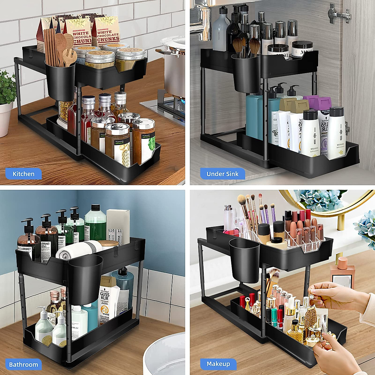 DIHUMK Under Sink Organizers and Storage for Bathroom Kitchen Cabinet 2 Tier Pull Out Double Shelf Drawer Black