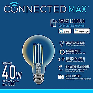 Cree Connected Max Smart Led Vintage Glass Filament Bulb G25 Globe 40W Tunable White, 2.4 Ghz, Works With Alexa And Google Home, No Hub Required, Bluetooth + Wifi, 1Pk, Clear, Cmg25-40W-Al-9Tw-Gl