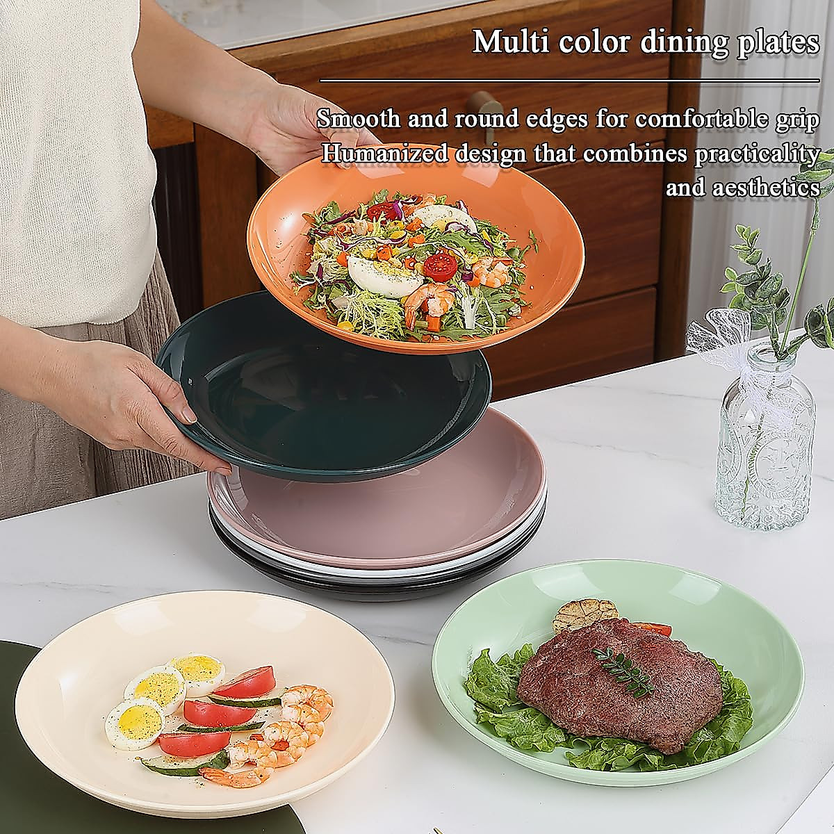 Evanda Plastic Plates Set of 8 Pieces, Dinner Plates 9.5 inch Unbreakable Reusable Dishes for All Purpose and All Age, Microwave Safe BPA Free Dishwasher Safe (Mutil Color)